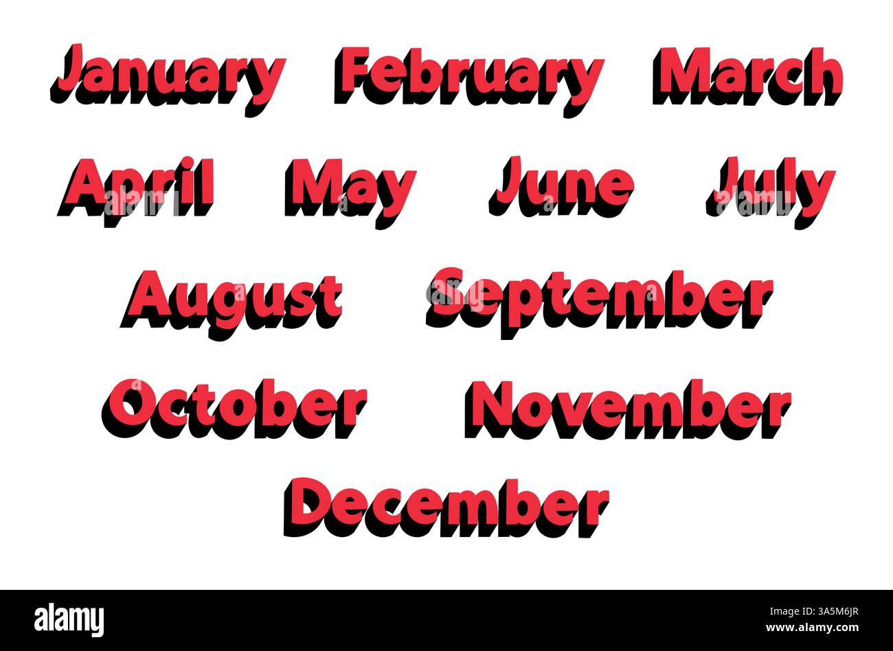 Hand drawn uppercase month names of the year with shadow for stickers ...