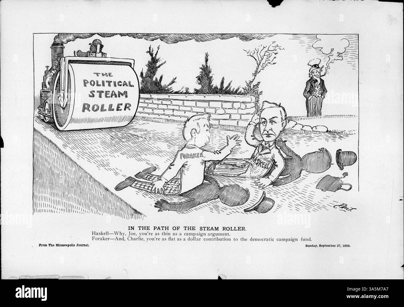 This political cartoon portrays Foraker and Haskell being flattened by ...