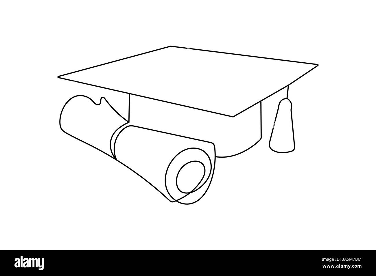 Continuous one line graduation cap drawing with black and white vector ...