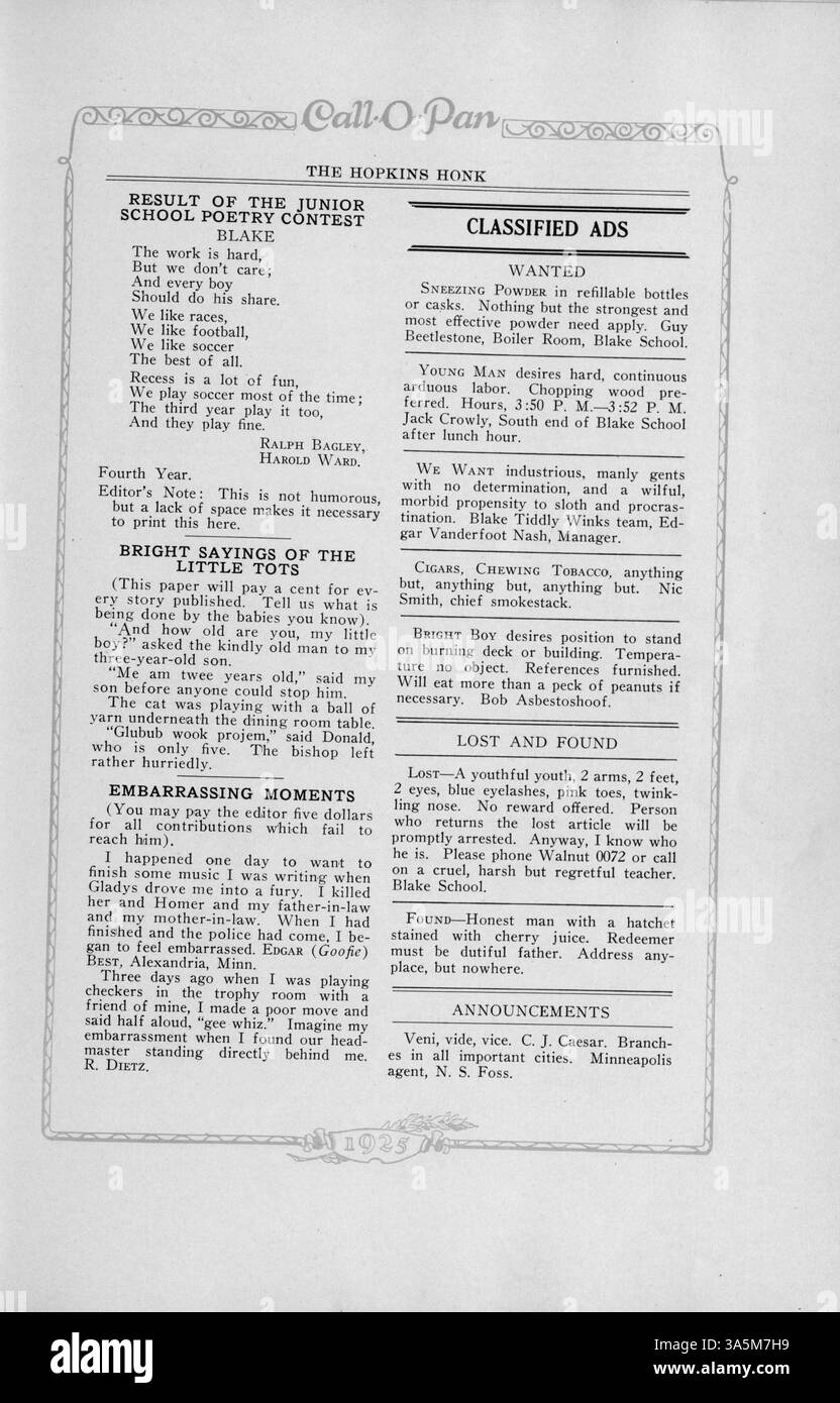 The 1925 Blake Yearbook, Call-O'-Pan, captures significant events from the 1924-1925 school year ...