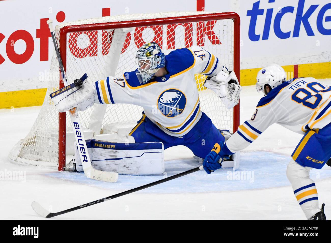 Buffalo Sabres' goaltender James Reimer (47) makes a save on a Winnipeg Jets shot during the ...