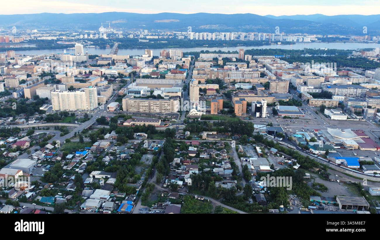 Krasnoyarsk urban landscape viewed from above, revealing residential ...