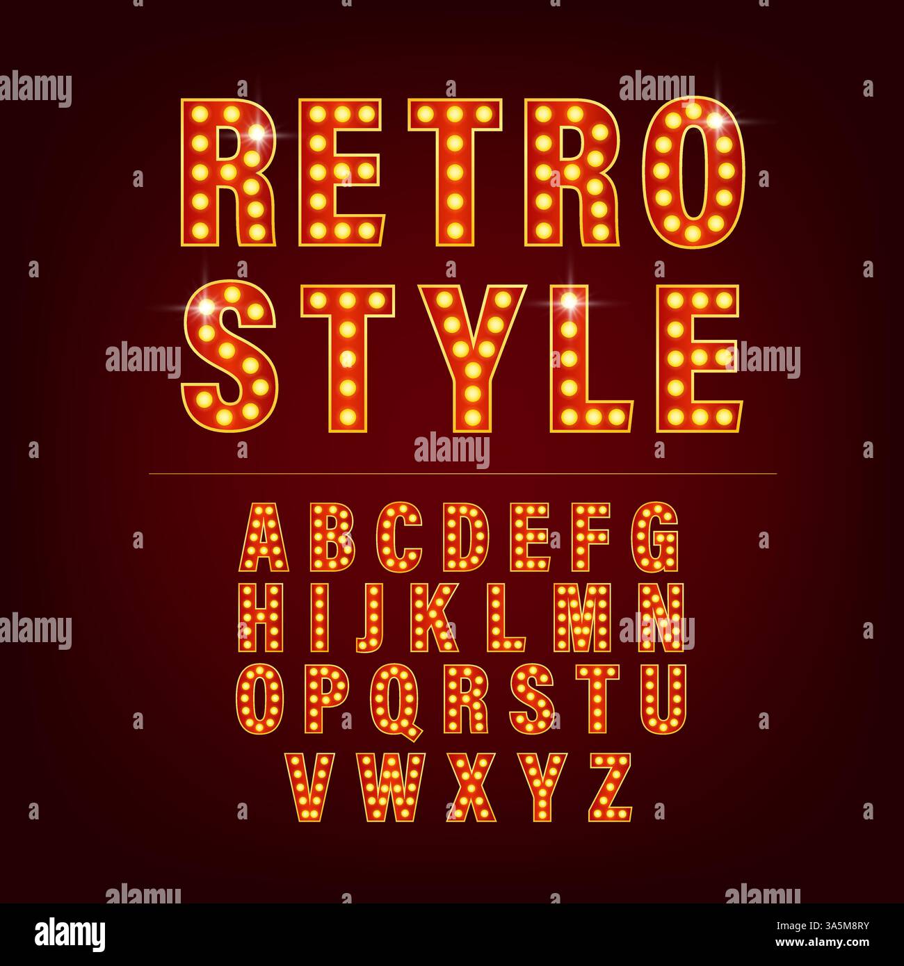 Retro alphabet with retro letter light on golden background. Number ...