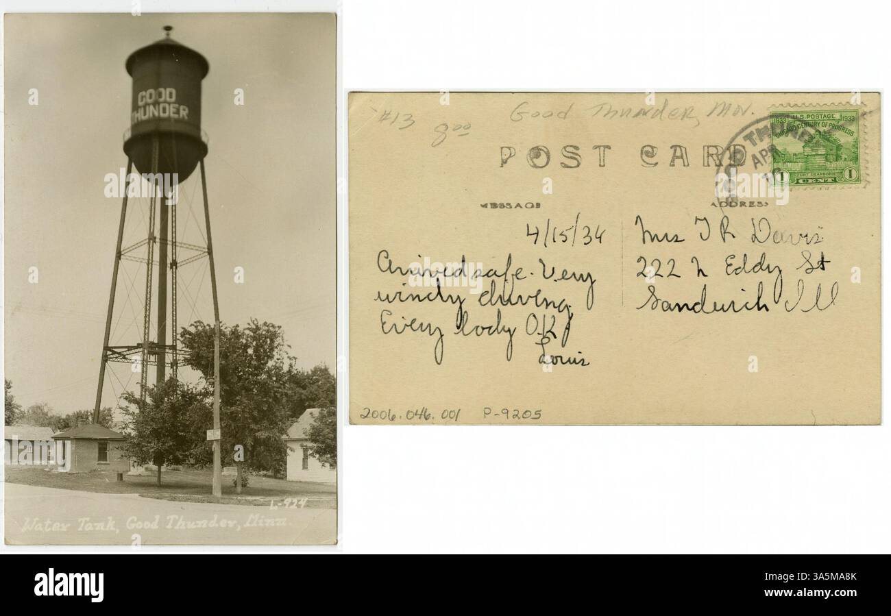 A historical view of the water tank in Good Thunder, Minnesota, as ...