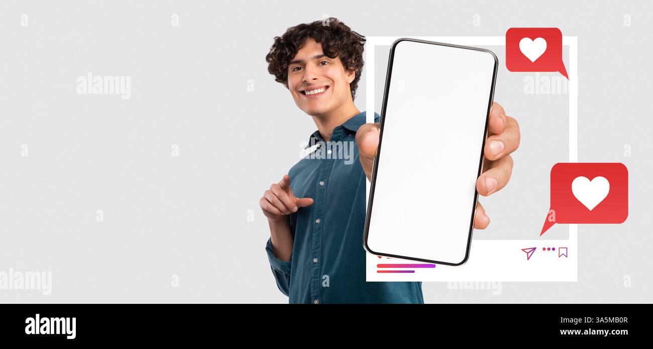 Engaging influencer showcasing smartphone with social media features ...