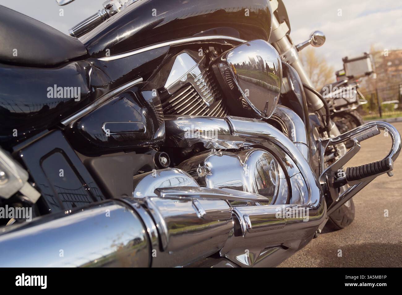 Motorcycle engine with shiny chrome details and polished metal ...