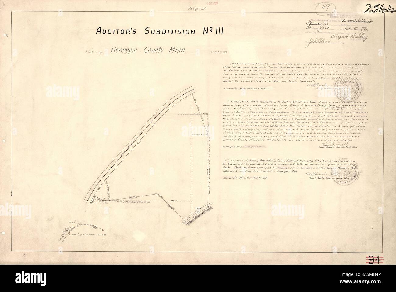 Auditor's Subdivision No. 111 in Hennepin County is shown with details of property lines and ...