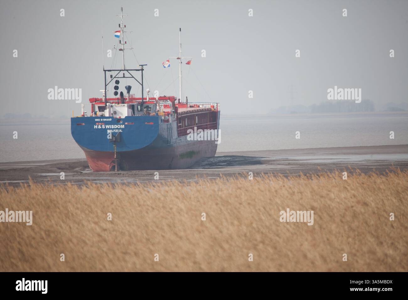 Cargo ship H&S Wisdom stuck on sandbank mud flats in River Humber ...