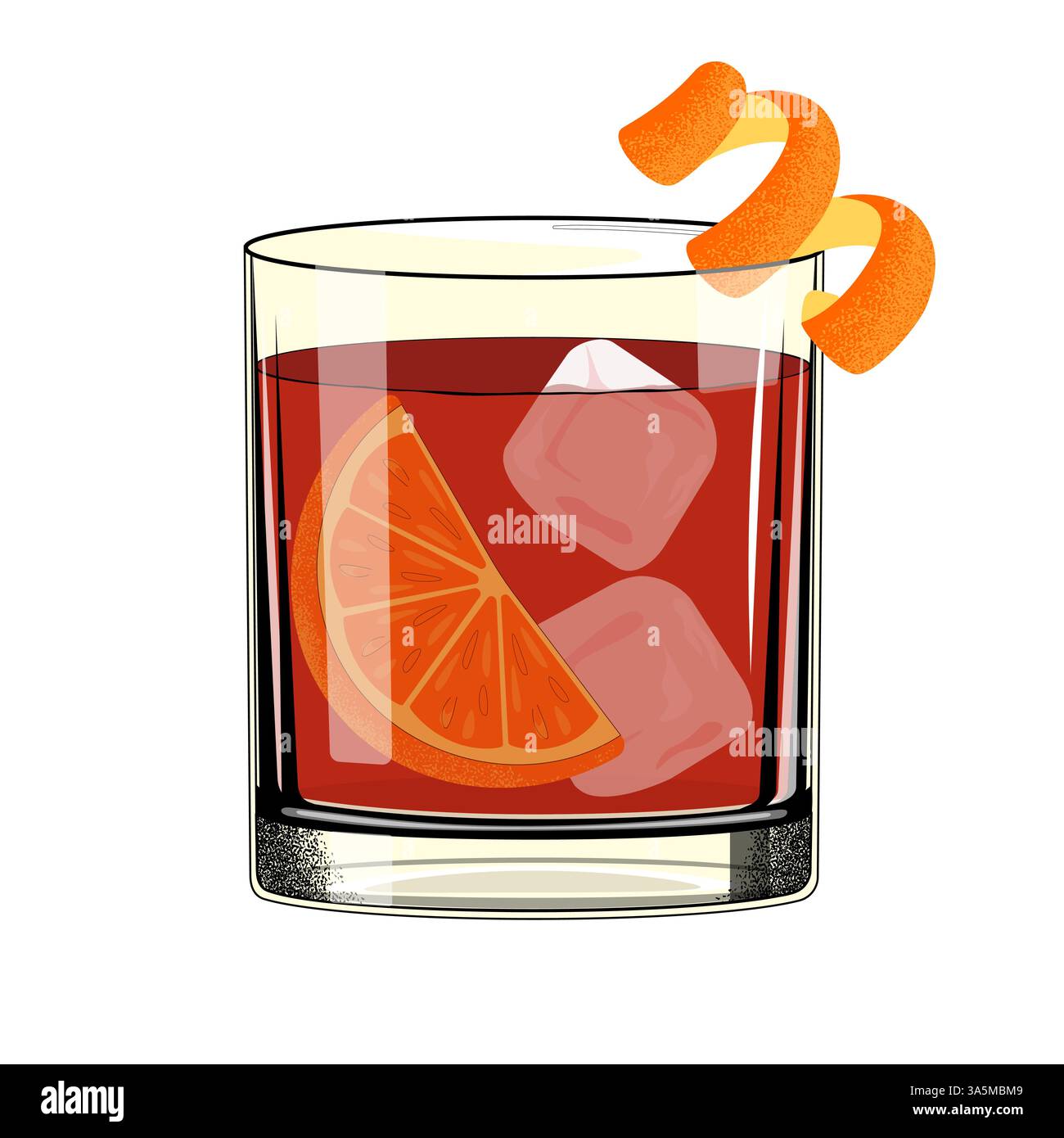 Negroni cocktail with ice cube and twist slice orange. Classic ...