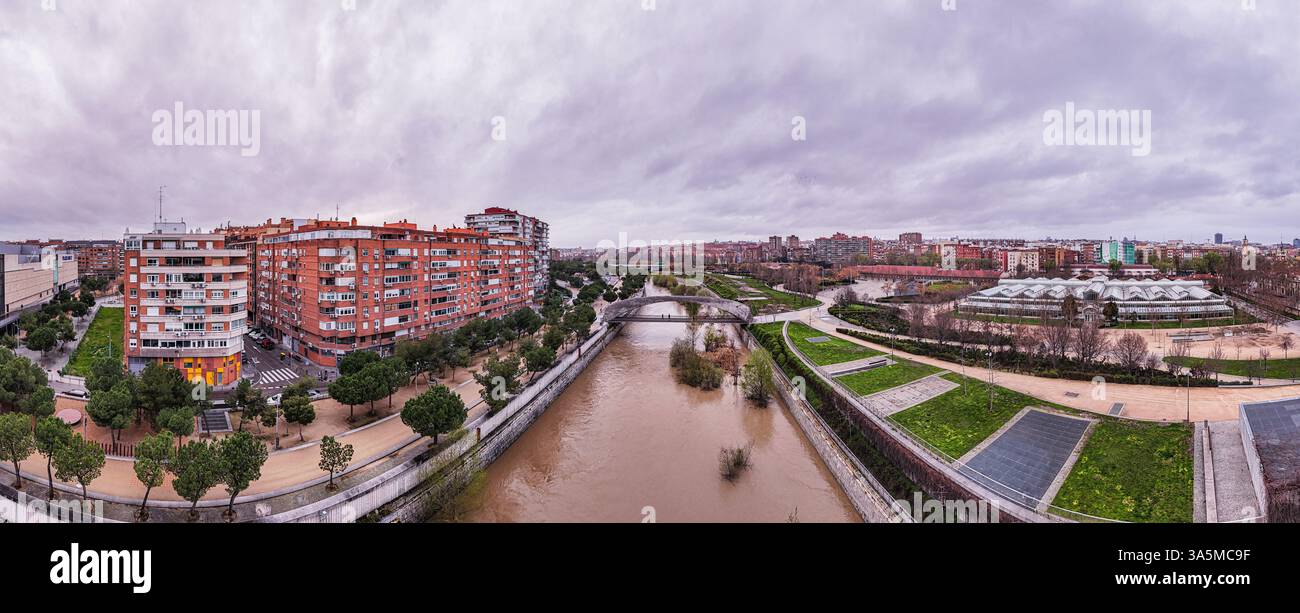 Overflowing manzanares river in madrid, spain, flooding urban areas ...