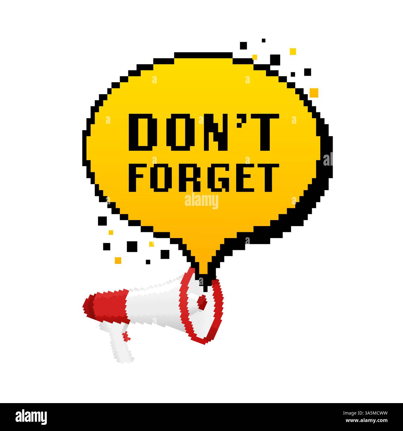 Do not forget. Reminder. Badge with megaphone icon. Pixel style ...