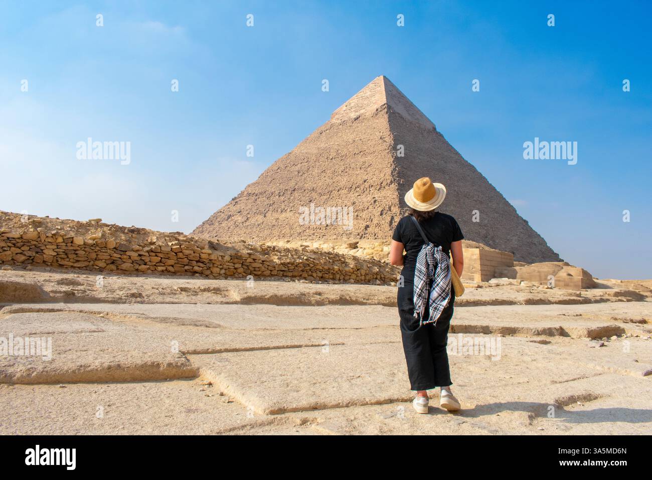 Back view of woman looking at Great Pyramids of Chephren and Cheops ...