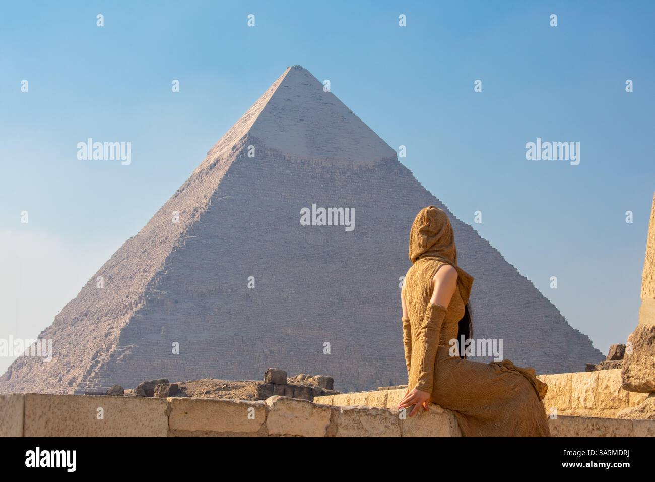Back view of woman looking at Great Pyramids of Chephren and Cheops ...