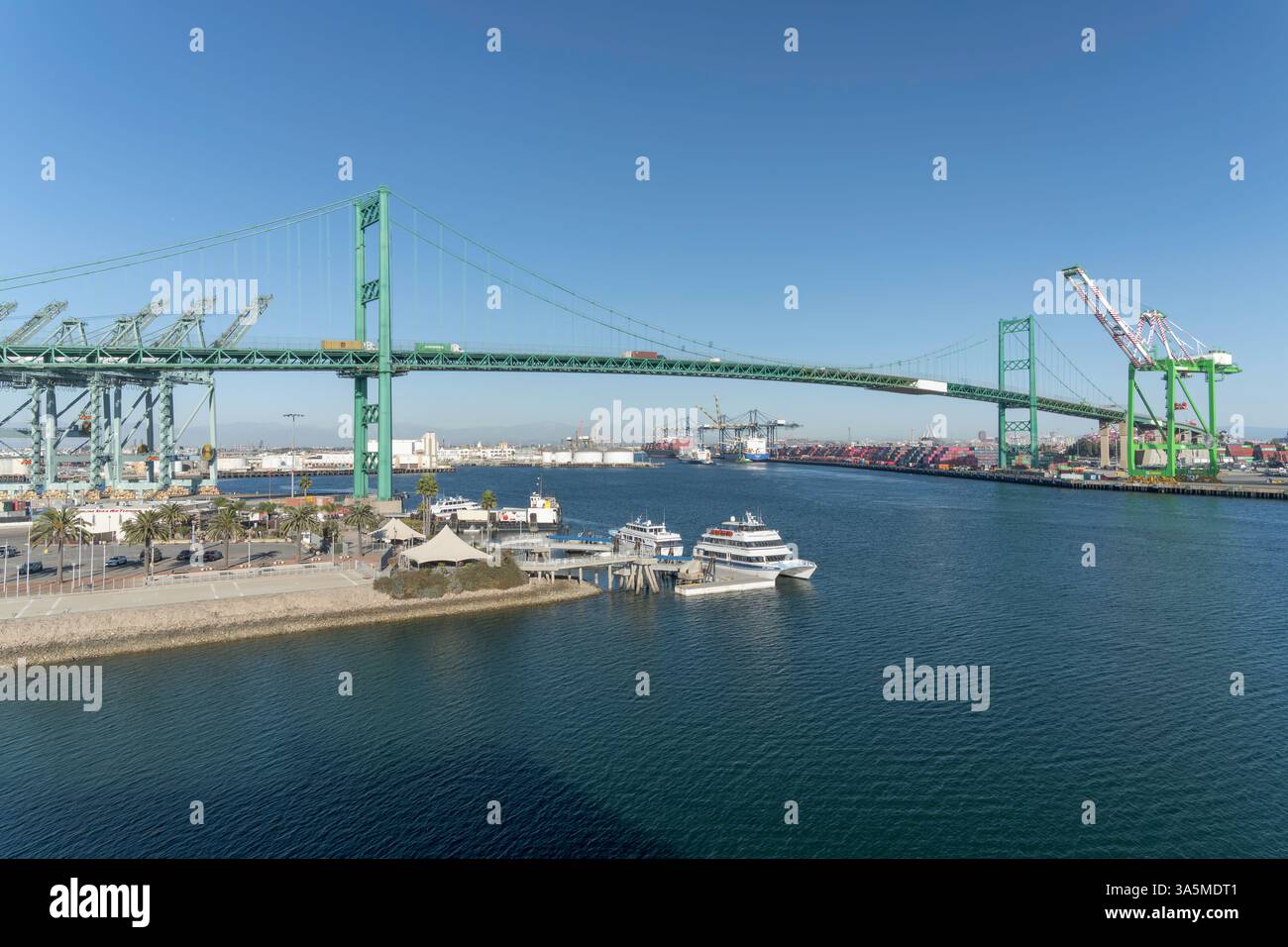 view of Vincent Thomas bridge and harbor area, Los Angeles port ...
