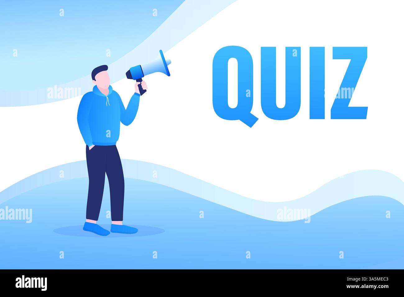 Template with blue quiz man holding megaphone on white background for ...