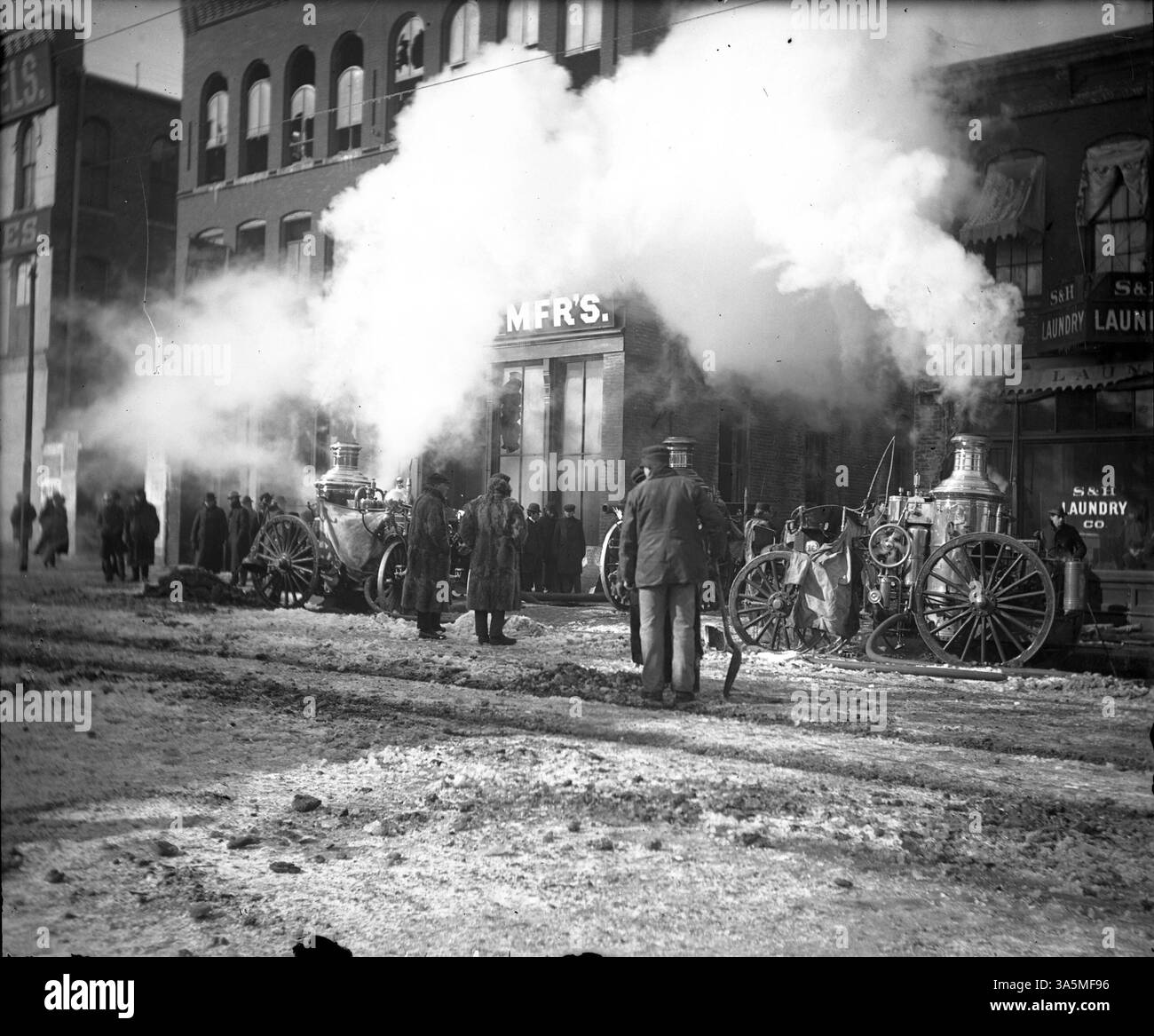 This photograph shows fire engines responding to a fire on 1st Avenue ...