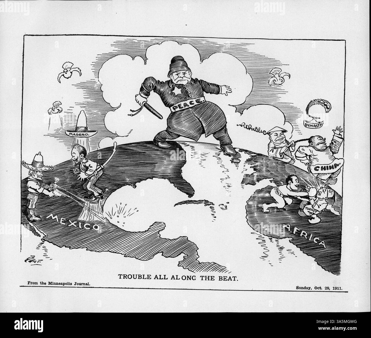 Peace, depicted as a policeman, surveys the world during a time of ...