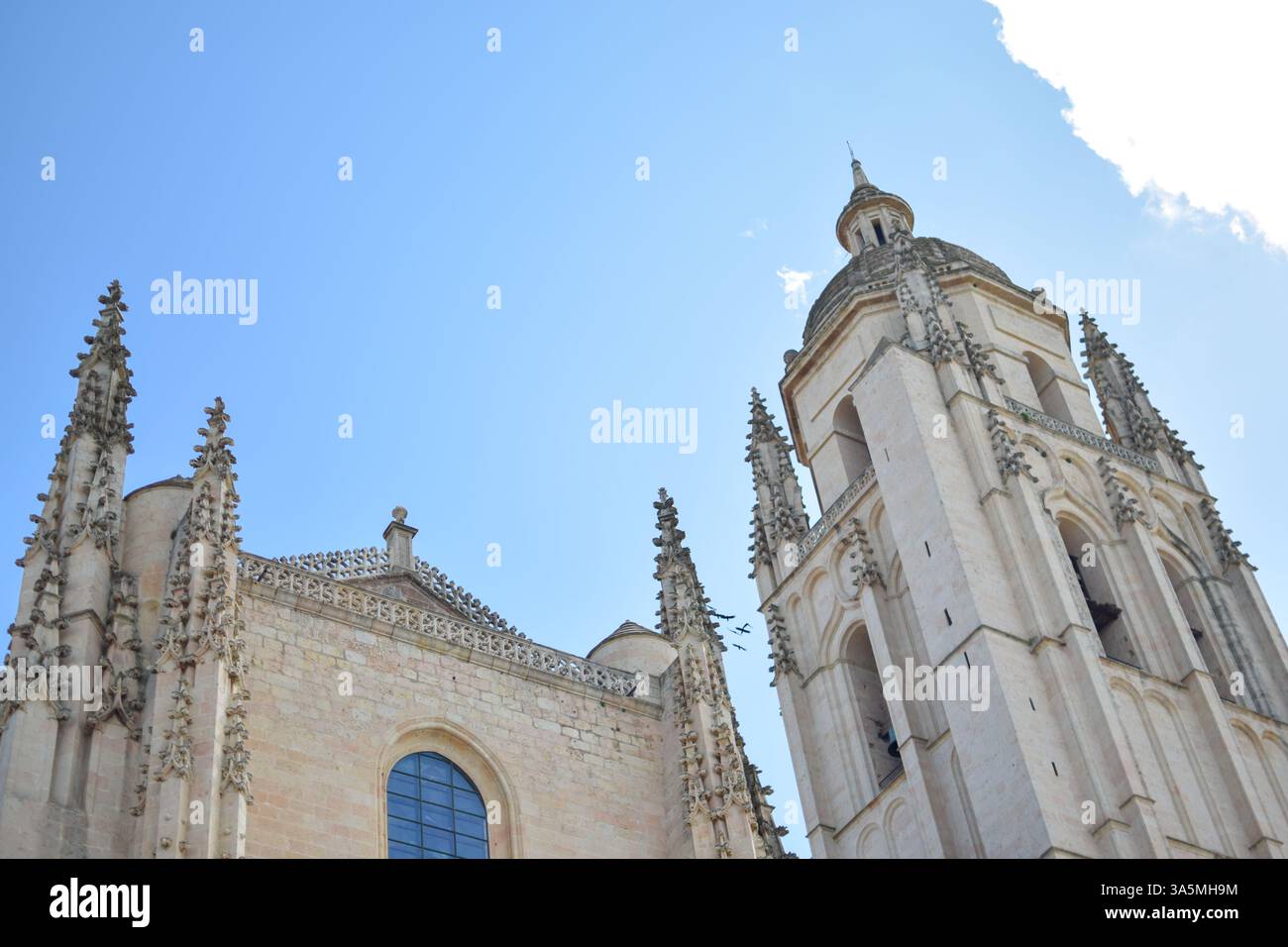 Keep of Gothic Cathedral of Segovia with pinnacles, architraves and ...