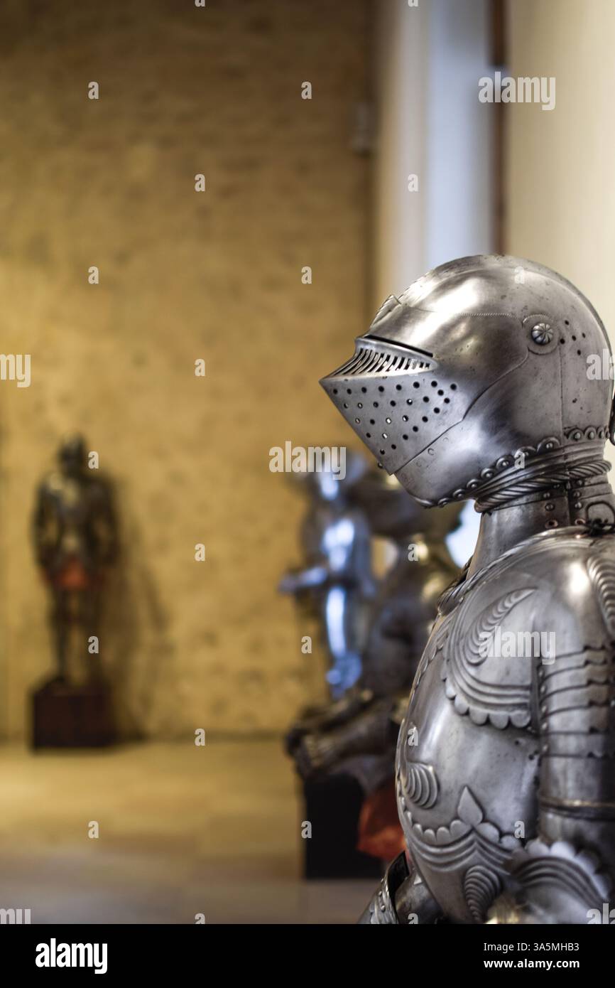 Close up side view of Medieval shiny Armor with details and armors in ...