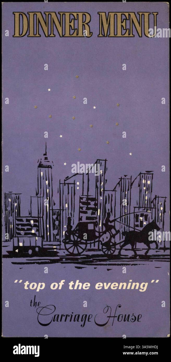 This 1950s dinner menu from Carriage House features a bi-fold design ...