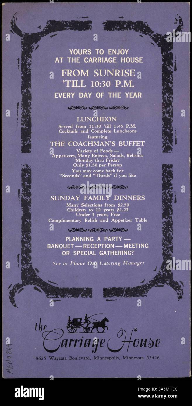 This Carriage House dinner menu from the 1950s is printed on white ...