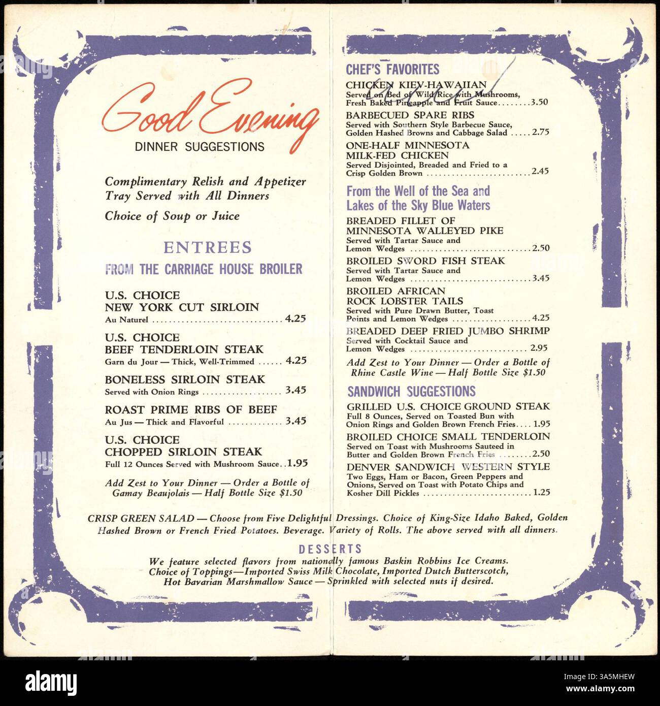 This 1950s bi-fold dinner menu from the Carriage House features ...