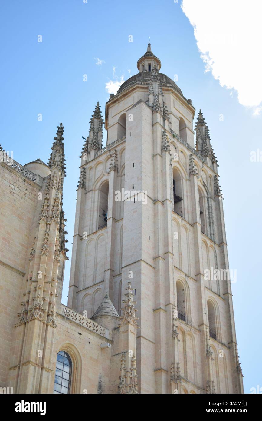 Keep of Gothic Cathedral of Segovia with pinnacles, architraves and ...