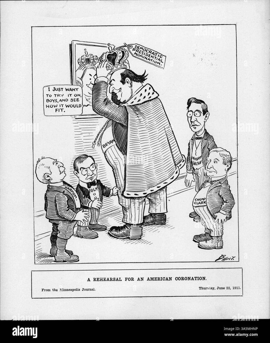 The political cartoon depicts William Jennings Bryan trying on a ...