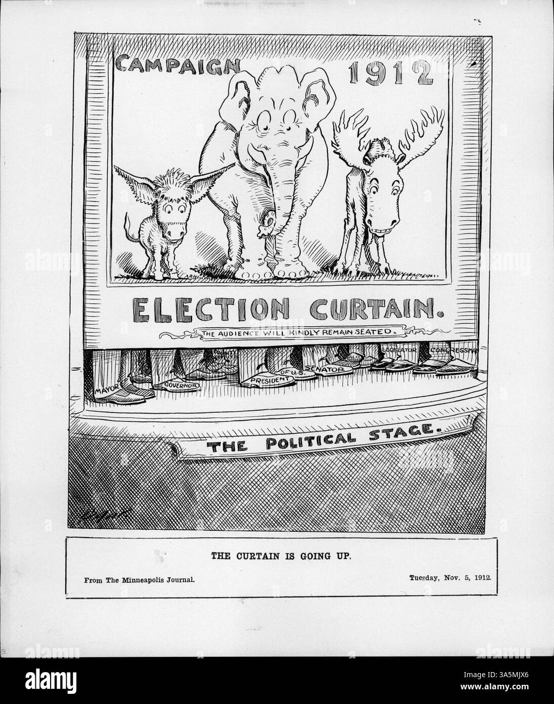 A political cartoon depicting the 1912 election as a curtain labelled ...