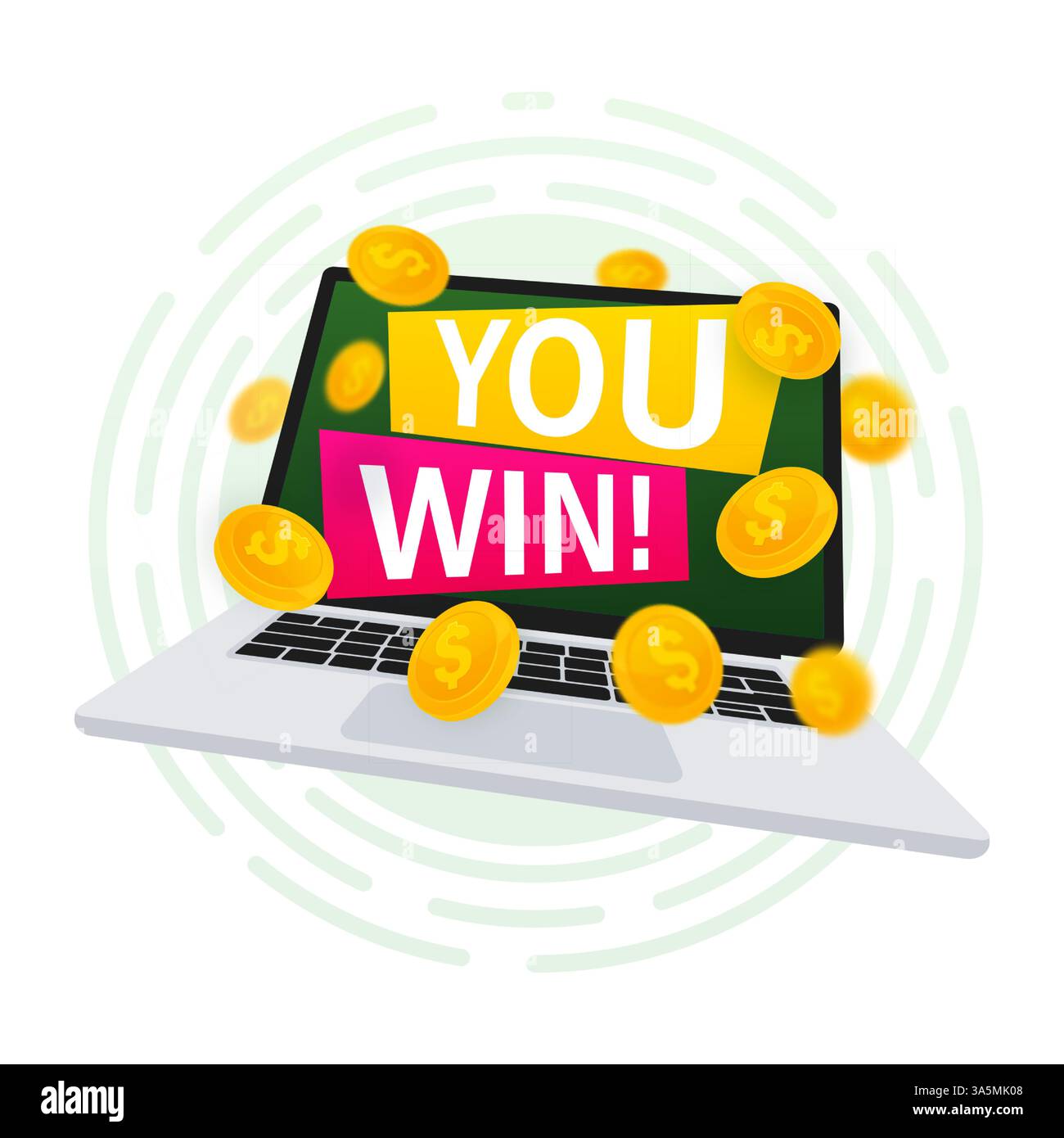 You win vector poster banner design template. Dollar coin on monitor ...