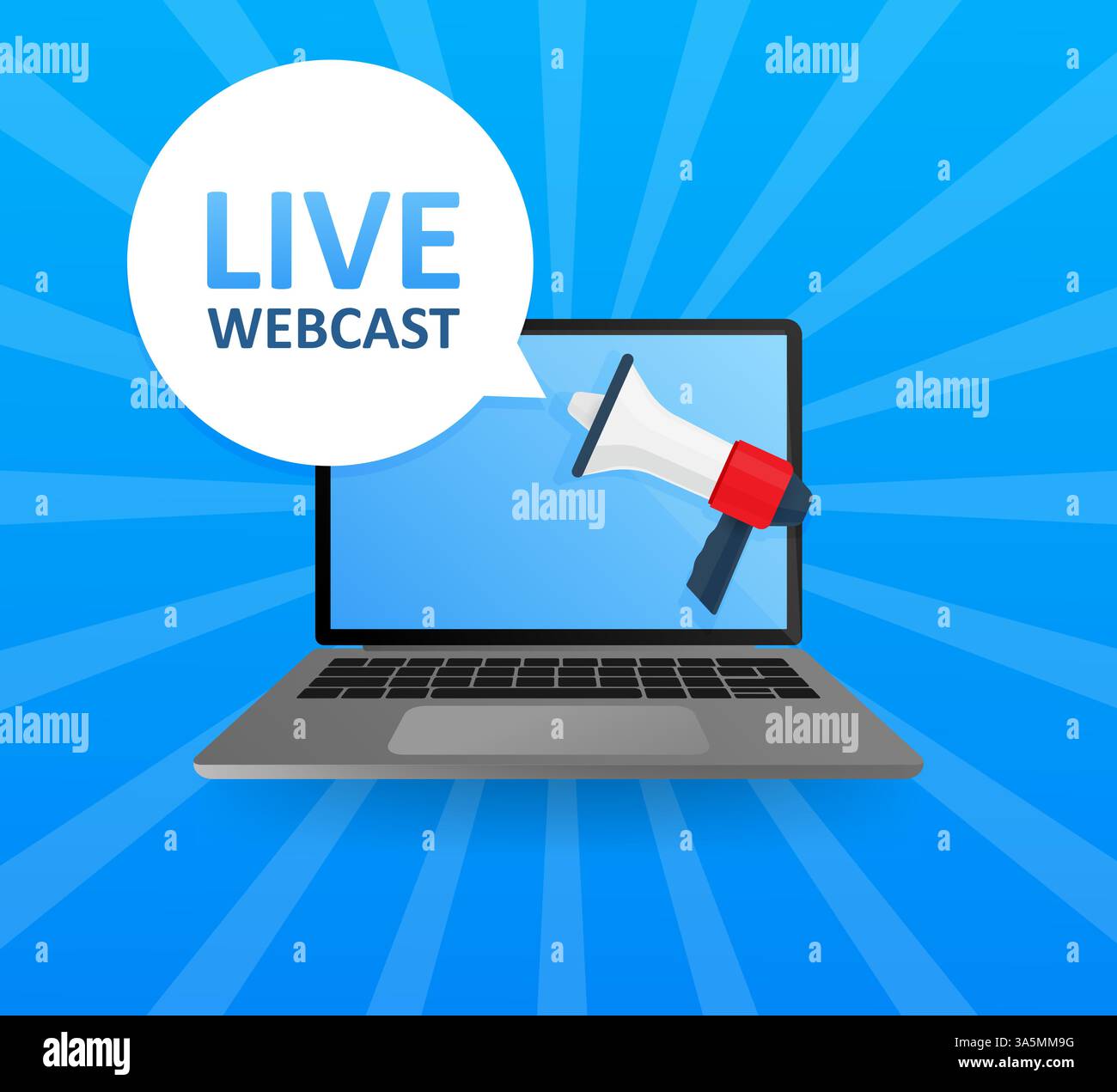 Laptop screen with megaphone. Live webcast! Emblem, label, badge. Text ...