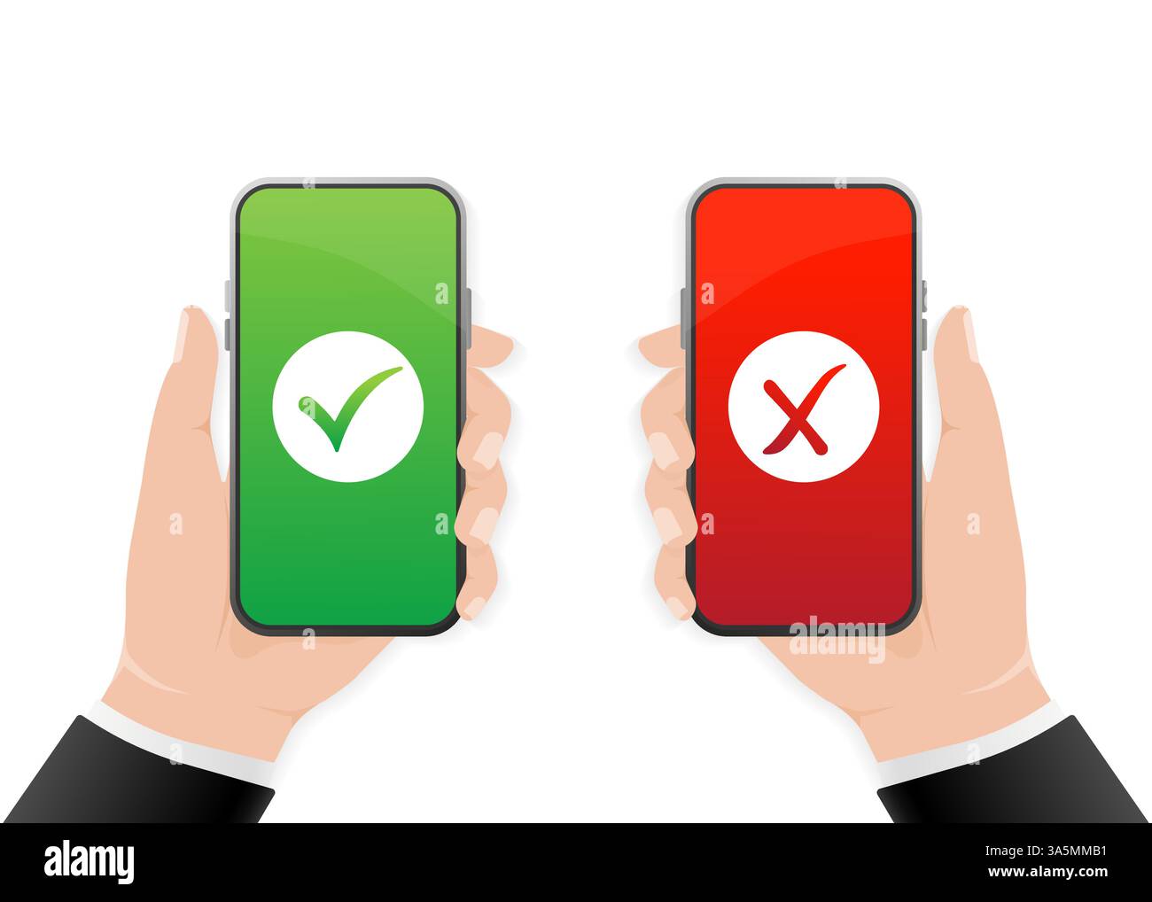 Hands holding smartphones with checkmarks set. Tick and cross check ...