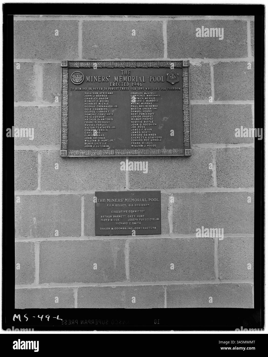 A plaque at the Miners Memorial Pool in Scott's Run, Monongalia County ...