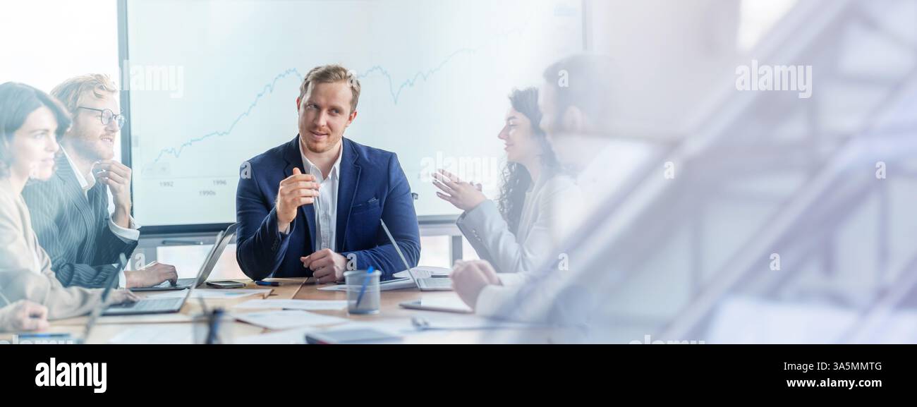 Business Meeting With Man Presenter Leading Discussion in Modern Office ...