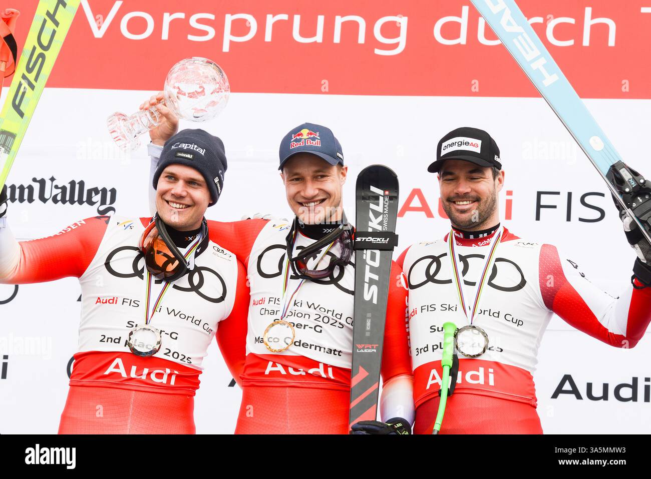 Sun Valley, Idaho, USA. 23rd Mar, 2025. The top three ski racers in the ...