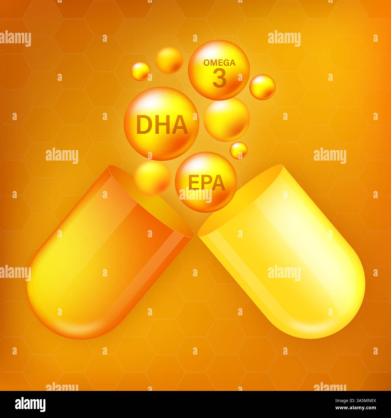 EPA, DHA Vector Drops Set. Chemical formula .Shining golden substance ...