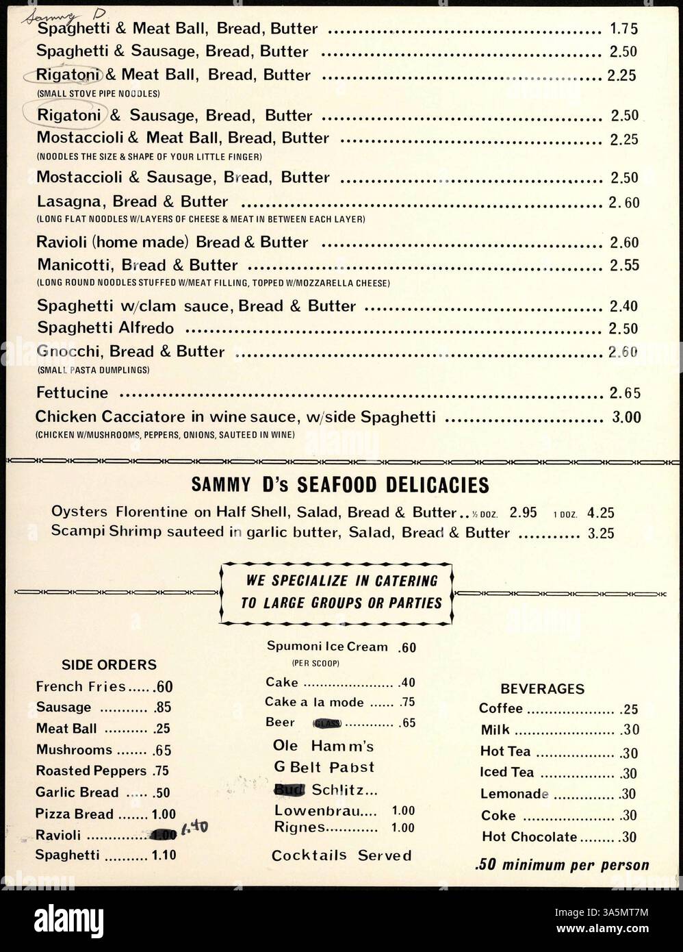 This menu from Sammy D's features Italian and American dishes, with ...