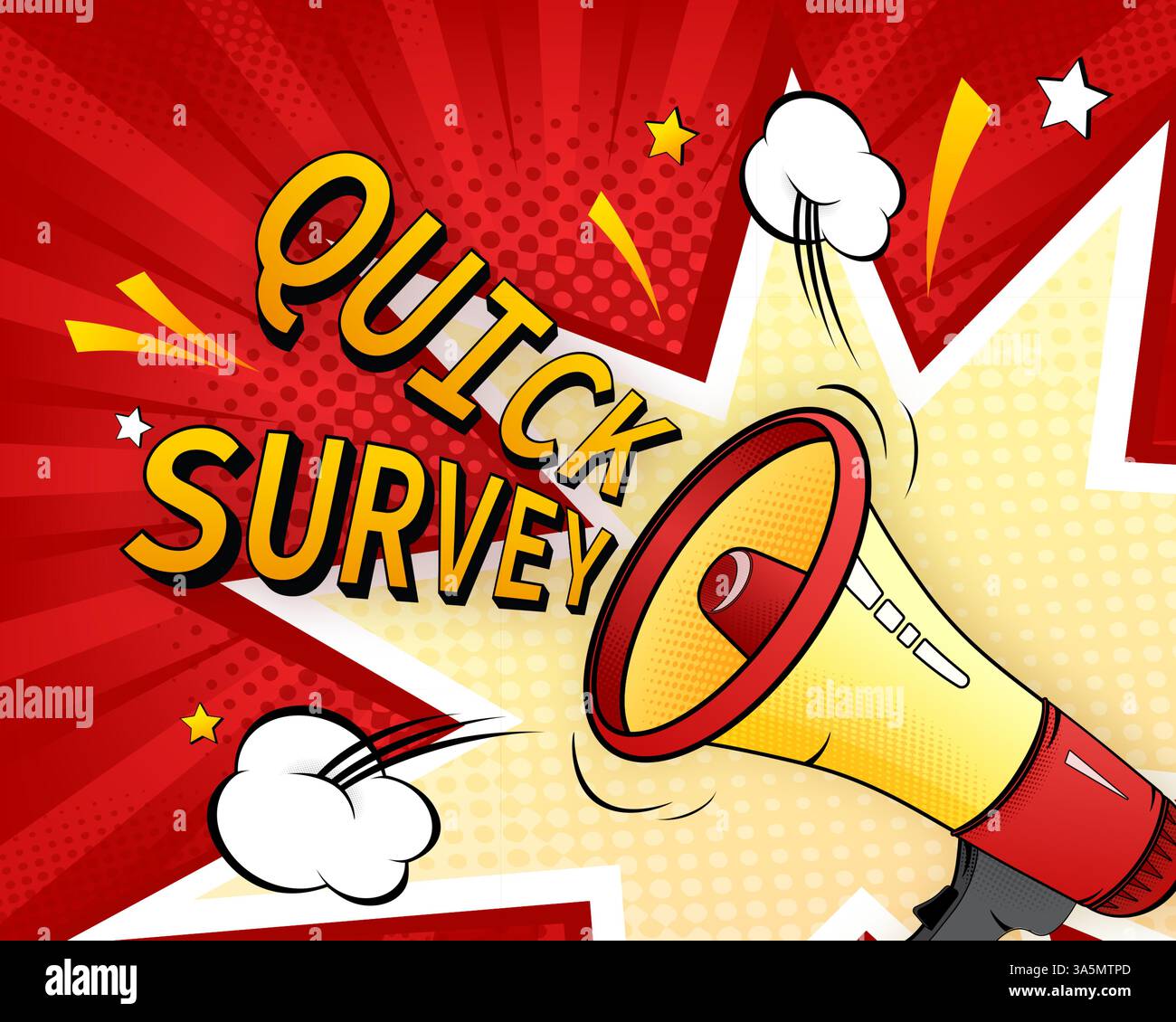 Quick survey. Badge with megaphone icon. Pop vector illustration on ...