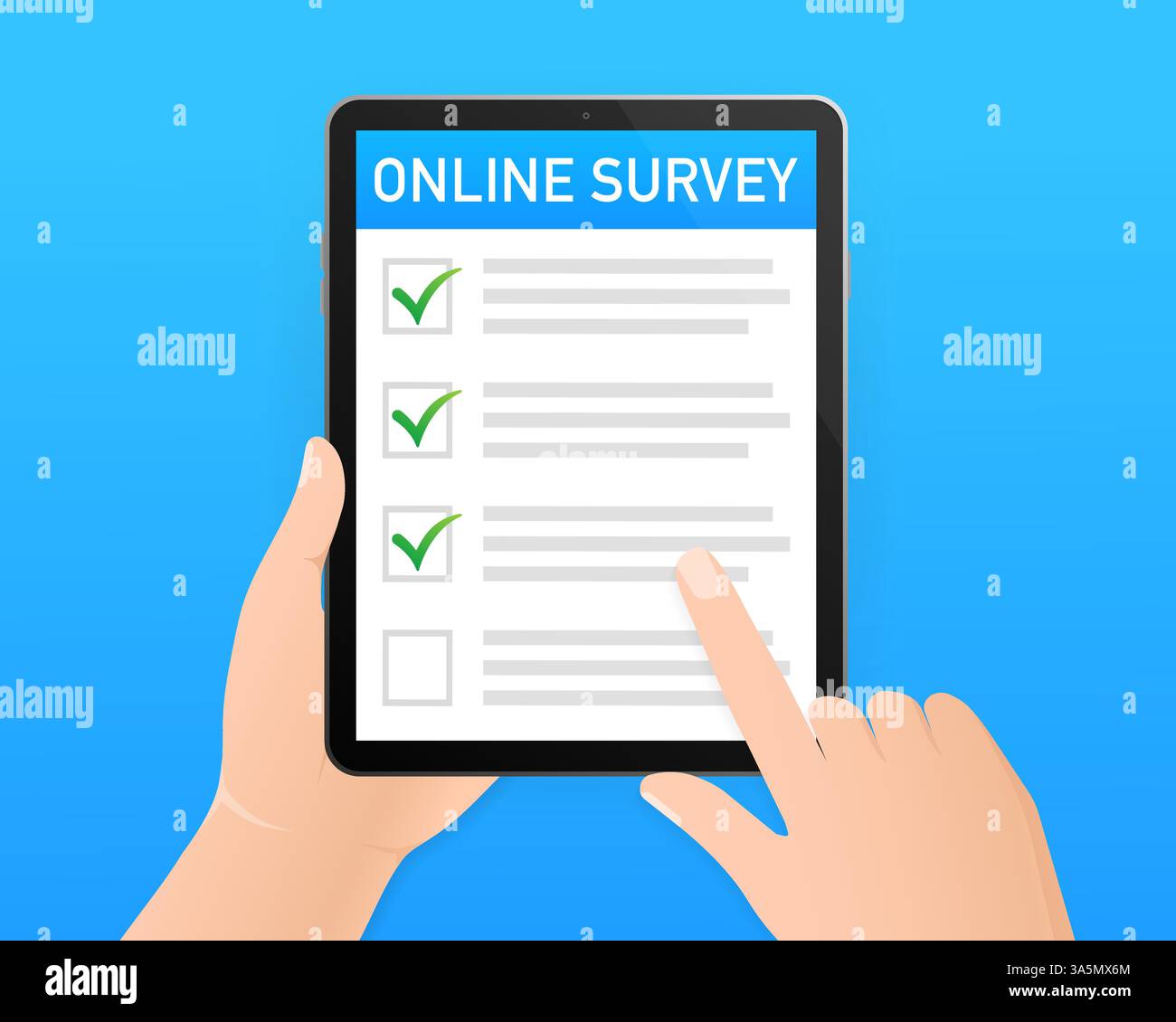 Checklist on tablet screen. Online survey concept. Hand holds tablet ...