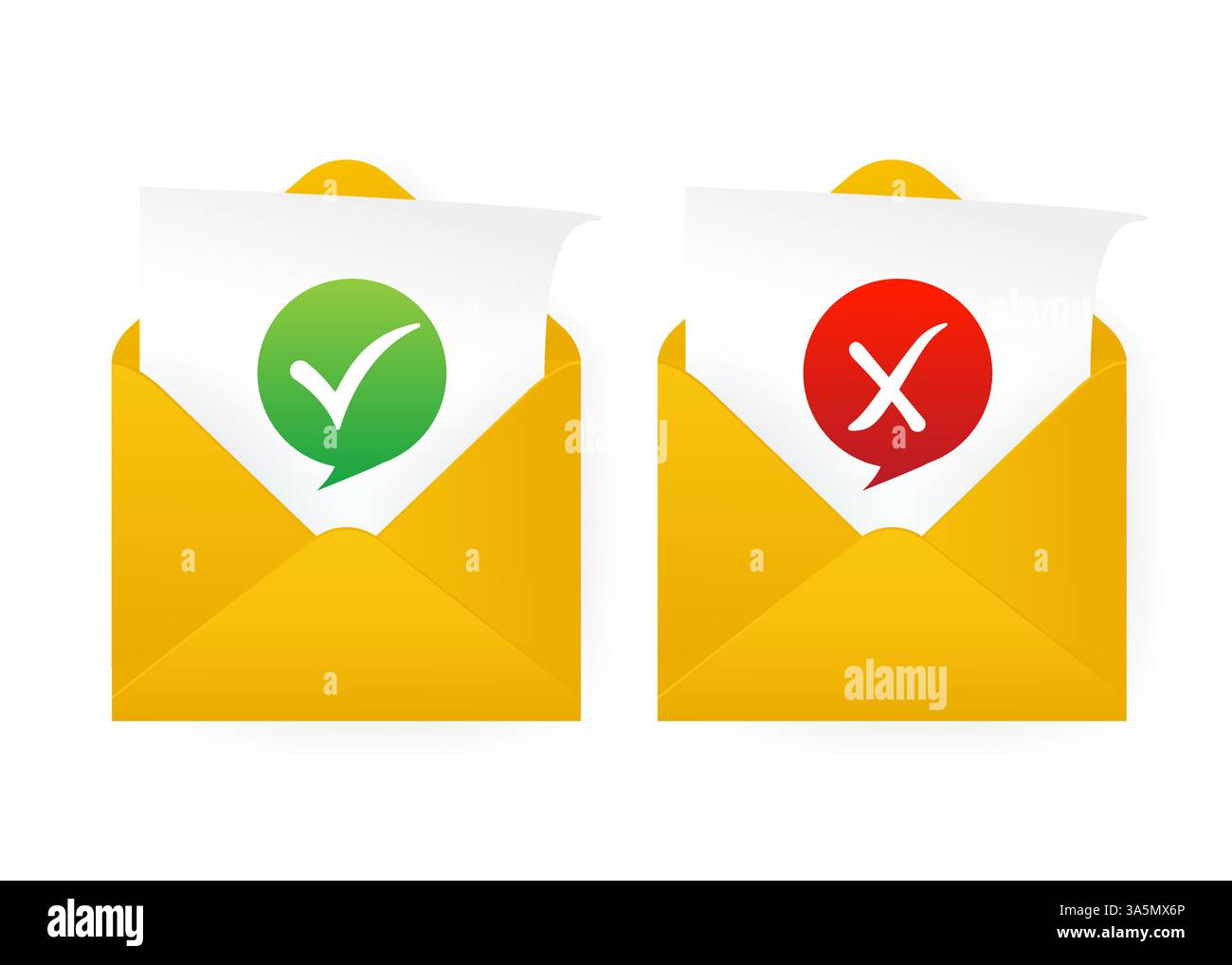 Check mark in envelope. Approved and rejected. Yellow template on white ...