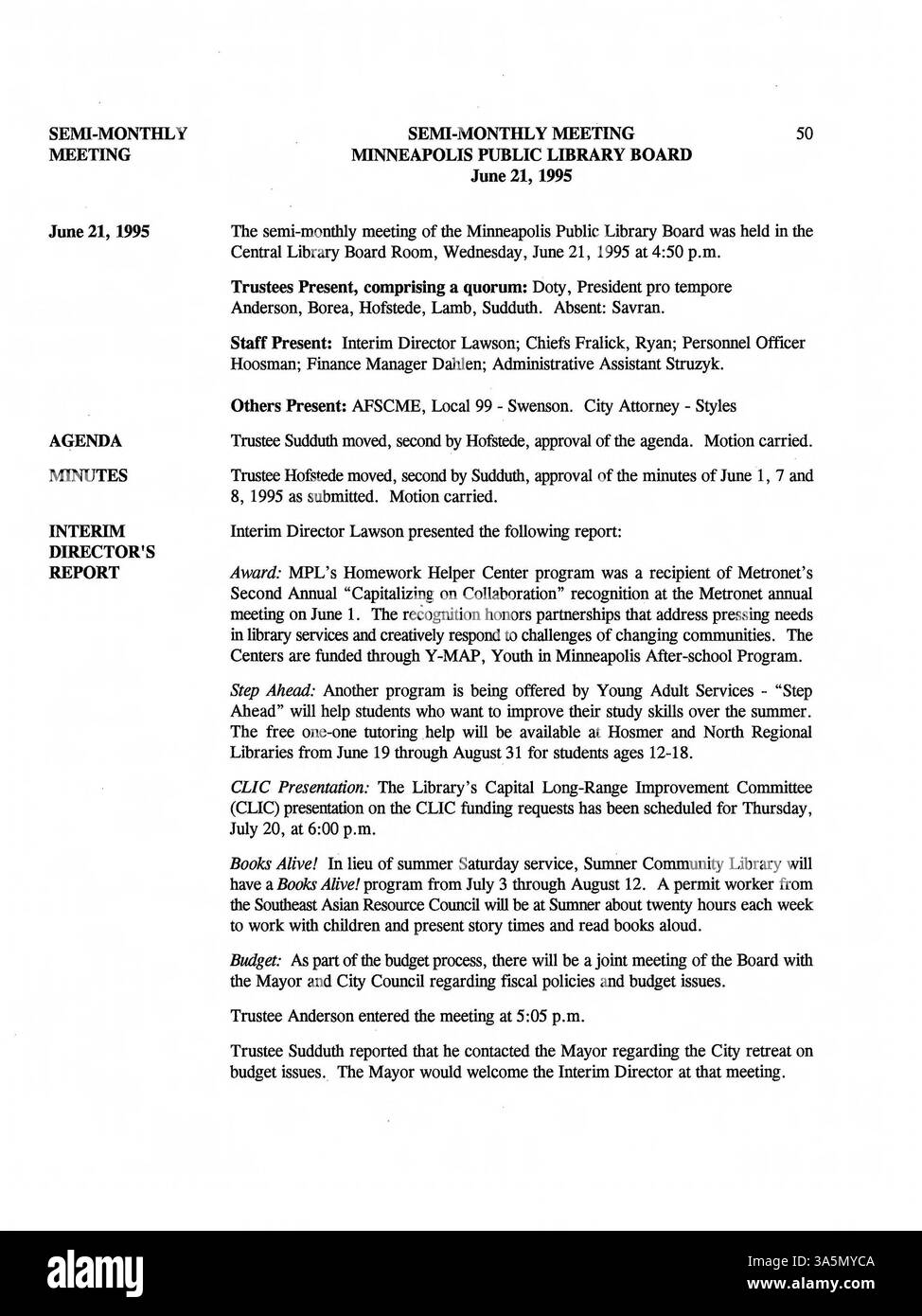The 1995 meeting minutes of the Minneapolis Public Library Board of ...