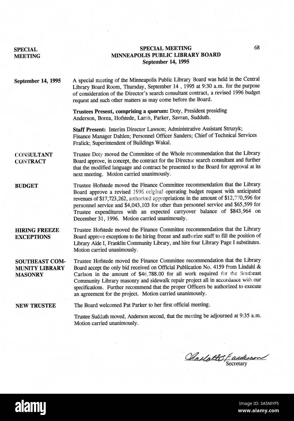The official 1995 meeting minutes from the Minneapolis Public Library ...