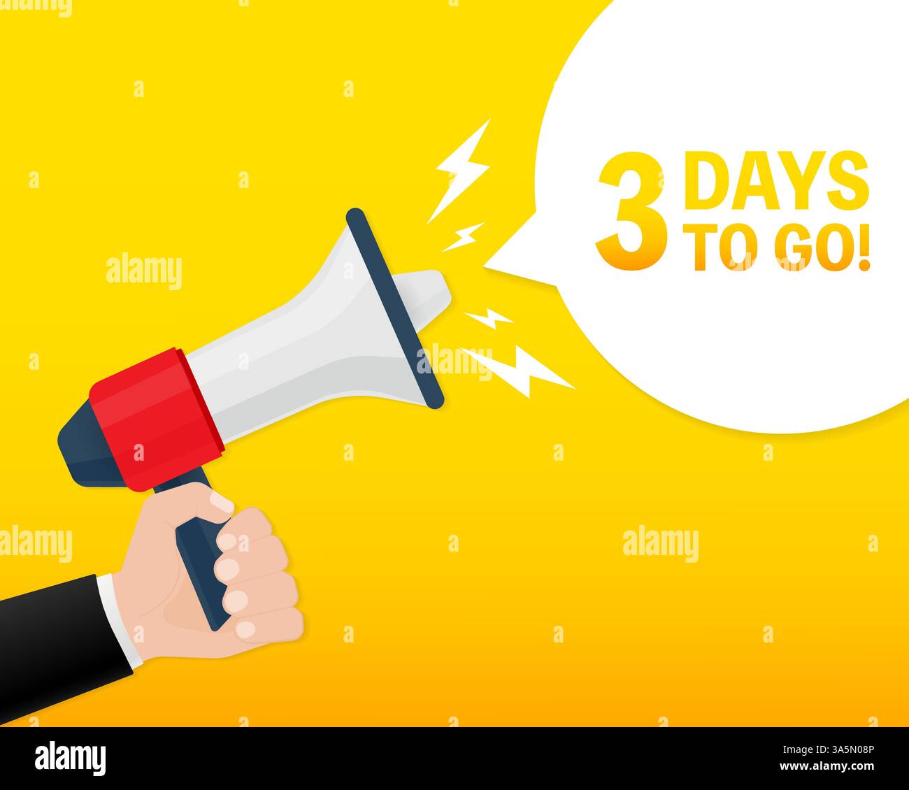 Modern poster with yellow 3 days to go megaphone. Modern red hand ...