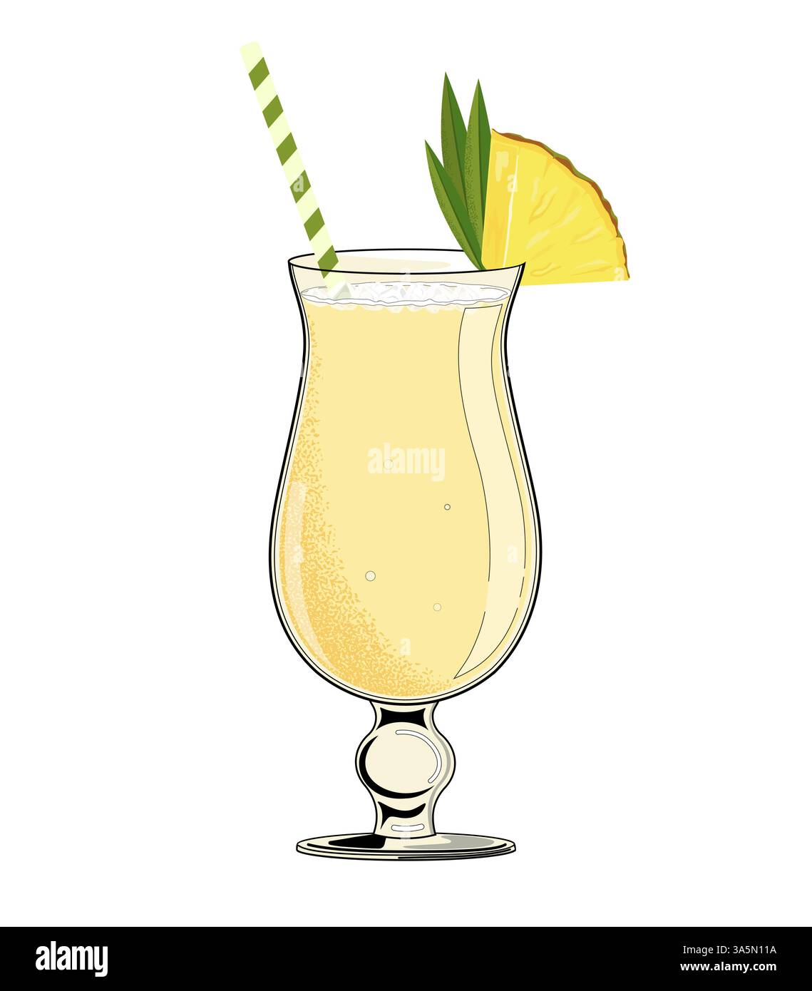 Pina Colada cocktail with pineapple slice. Hand drawn alcohol cocktail ...
