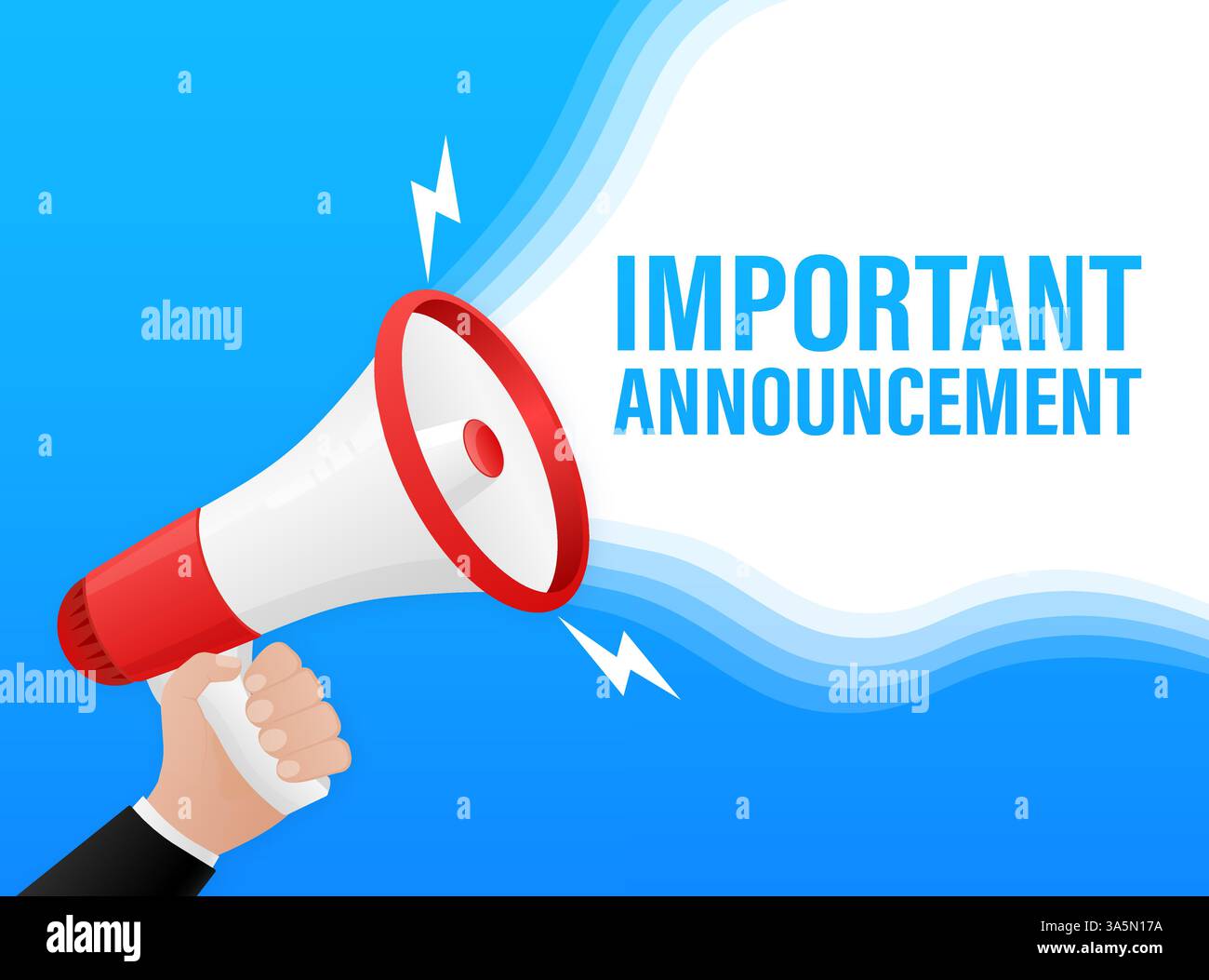 Template with blue important announcement megaphone on white background ...