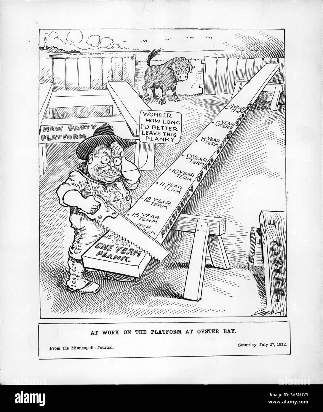 The image depicts Theodore Roosevelt standing in a yard, sawing a plank ...