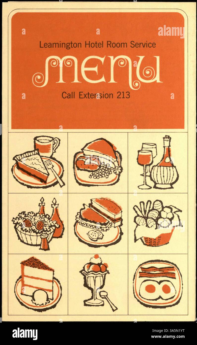 A tri-fold room service menu from the Leamington Hotel features a ...