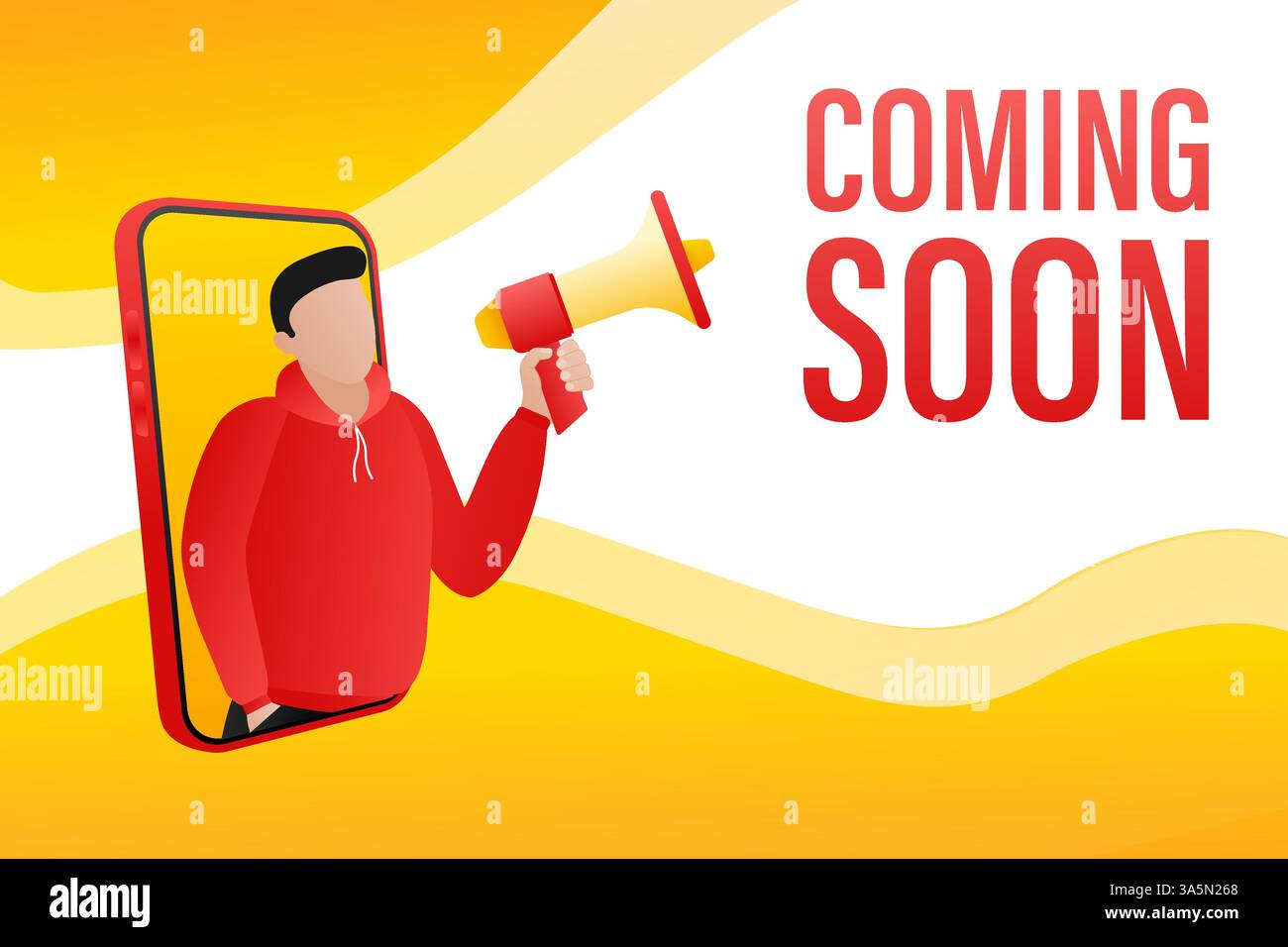 Template with coming soon man holding megaphone on white background for ...