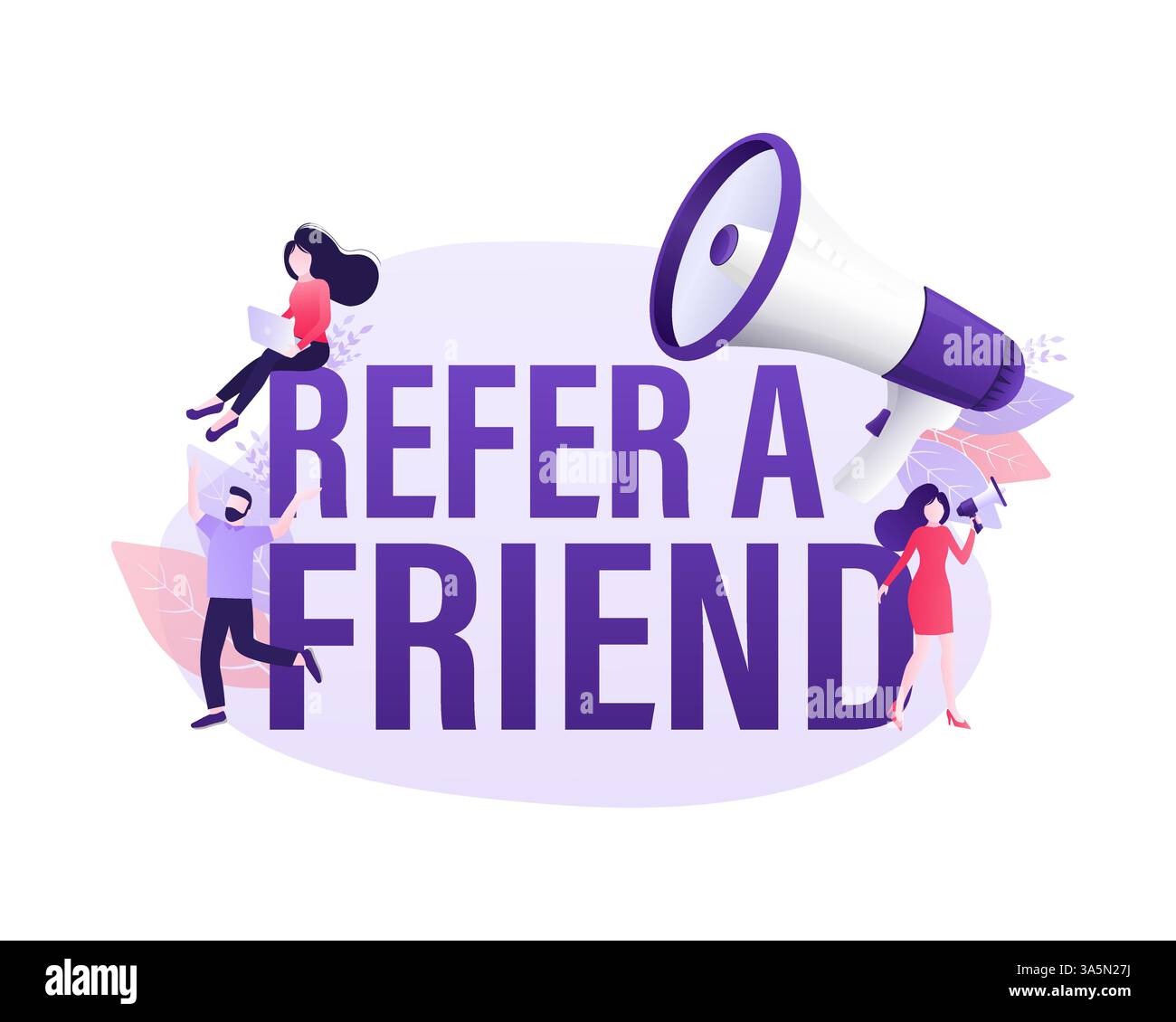 Flat icon with megaphone people refer friend. Poster, banner. Flat ...