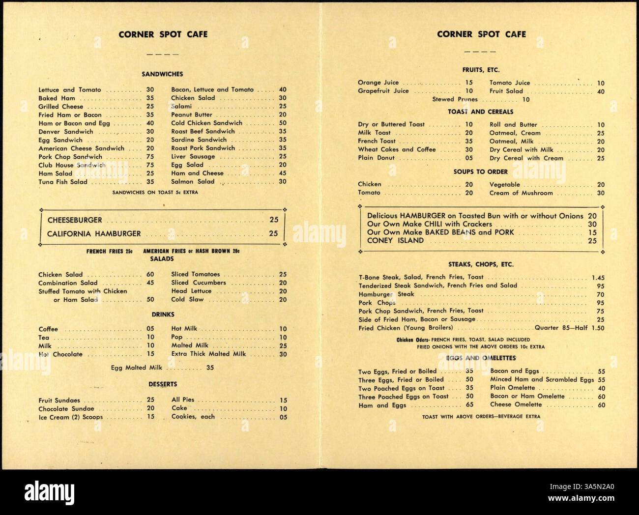 A yellow cardstock bi-fold menu from Corner Spot Cafe lists a range of ...